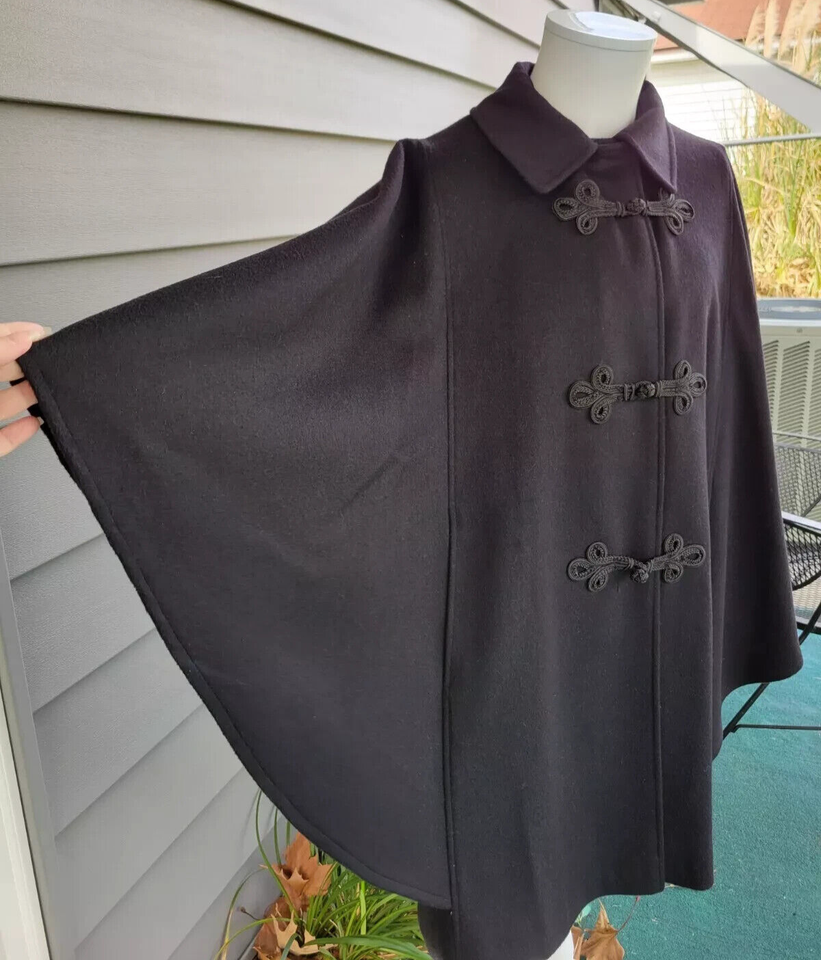Black Wool Cape Swing Cloak Coat Loop Button Wool Black Cape | eBay