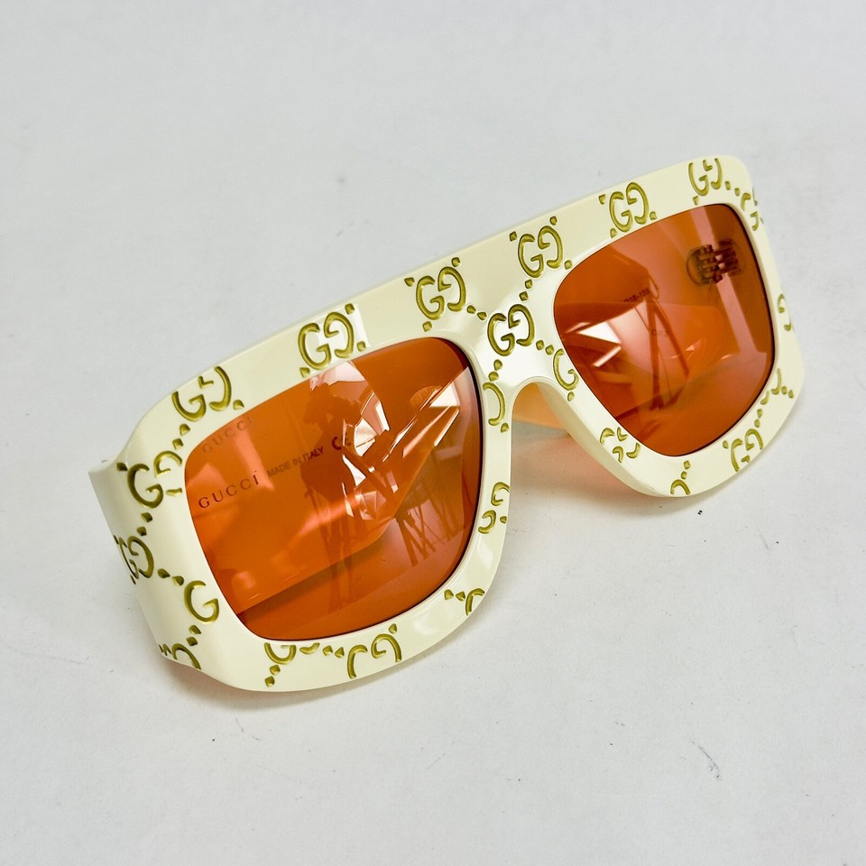 GUCCI AUTHENTIC Monogram Print 0983 Ivory Orange Unisex Sunglasses ...