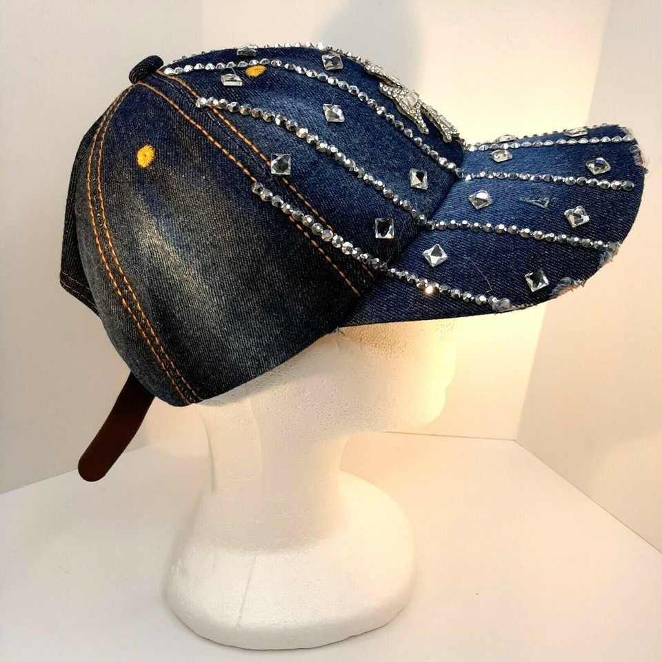 Women's Blue Jean Hat Denim Bling Rhinestone Brim and Cross Baseball ...