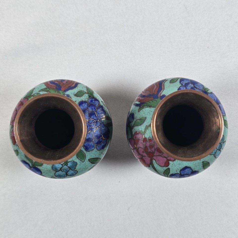 PAIR OF VINTAGE ASIAN CHINESE CLOISONNE BLUE VASES WITH FLOWERS & BIRD ...