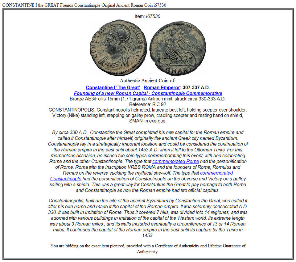 CONSTANTINE I the GREAT Founds Constantinople Original Ancient Roman ...