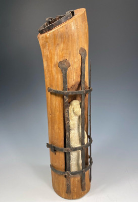 Folk Primitive Figure Within A Iron Hanging Cell Constructed of wood ca ...