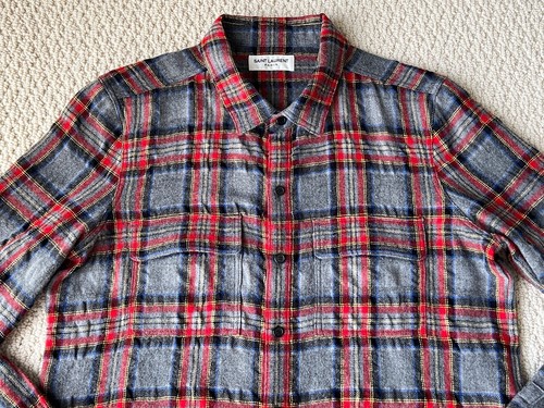 New Saint Laurent YSL Gray Red Check Print Western Crop Flannel Shirt ...