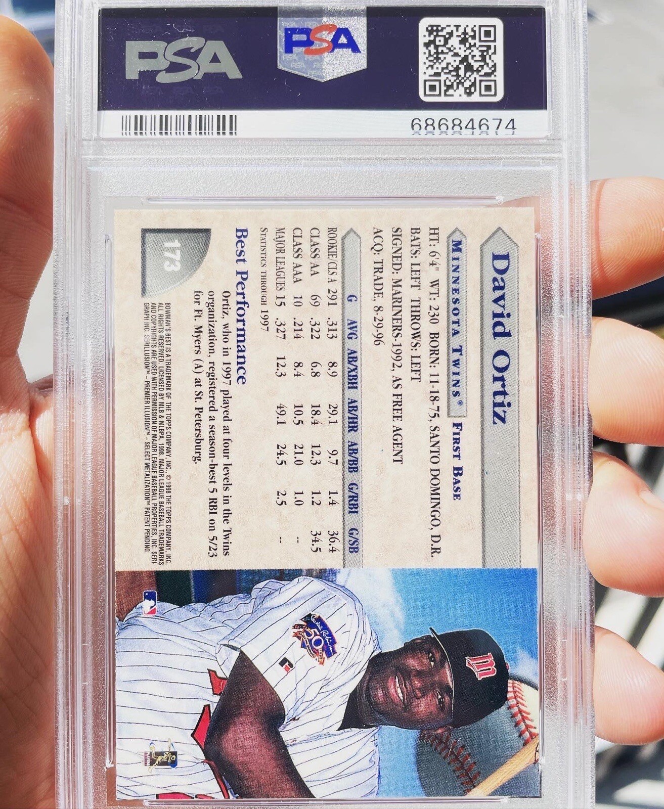 1998 Bowman's Best David “Big Papi” Ortiz Rookie Card #173 RC PSA 10 ...