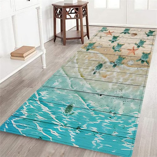 Coastal Long Runner Rug for Hallway,Sea Turtles and Starfish at Ocean ...