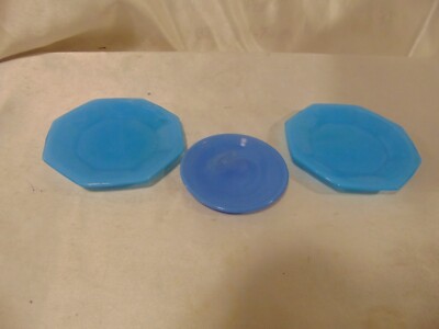 3 Pieces Blue Octagon Plates Akro-Agate ~Play-Time Children's Glass ...
