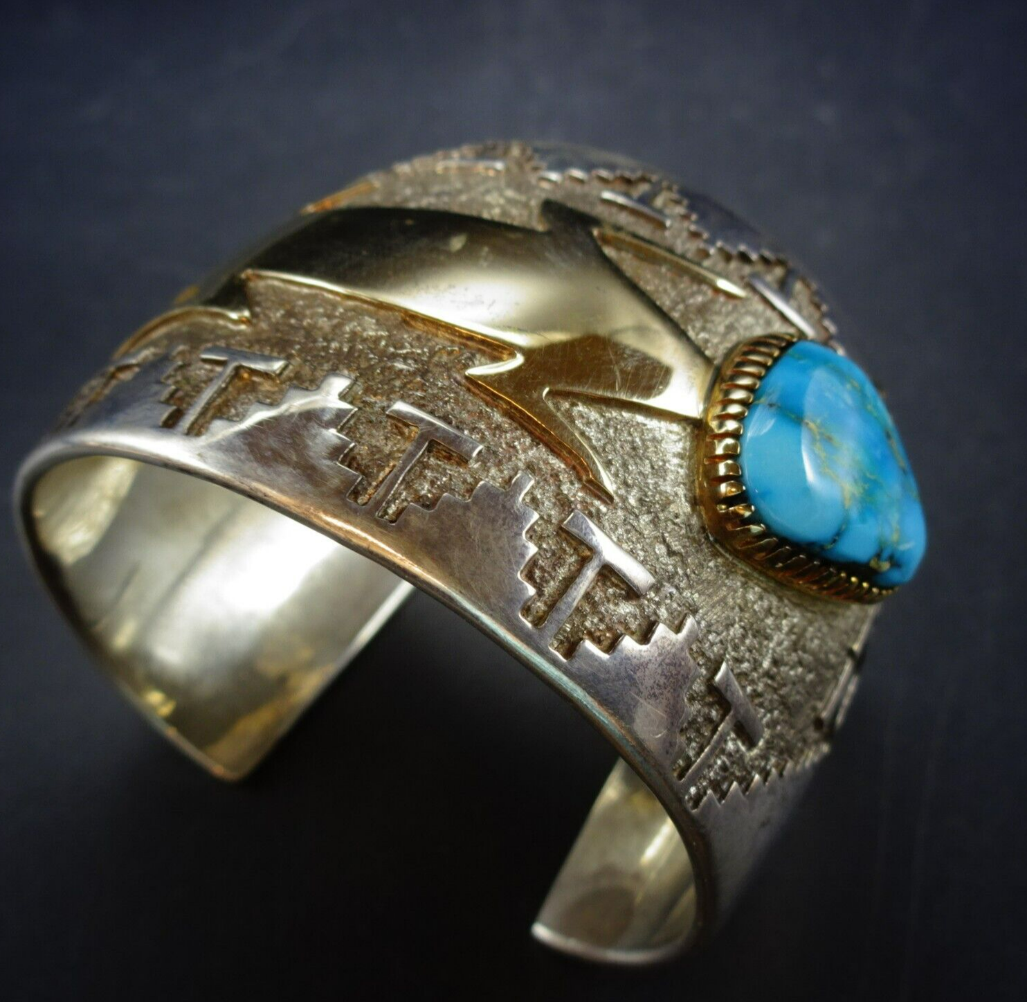 Tommy Jackson NAVAJO SterlingSilver 14K Gold TURQUOISE Wide Cuff Lizard ...