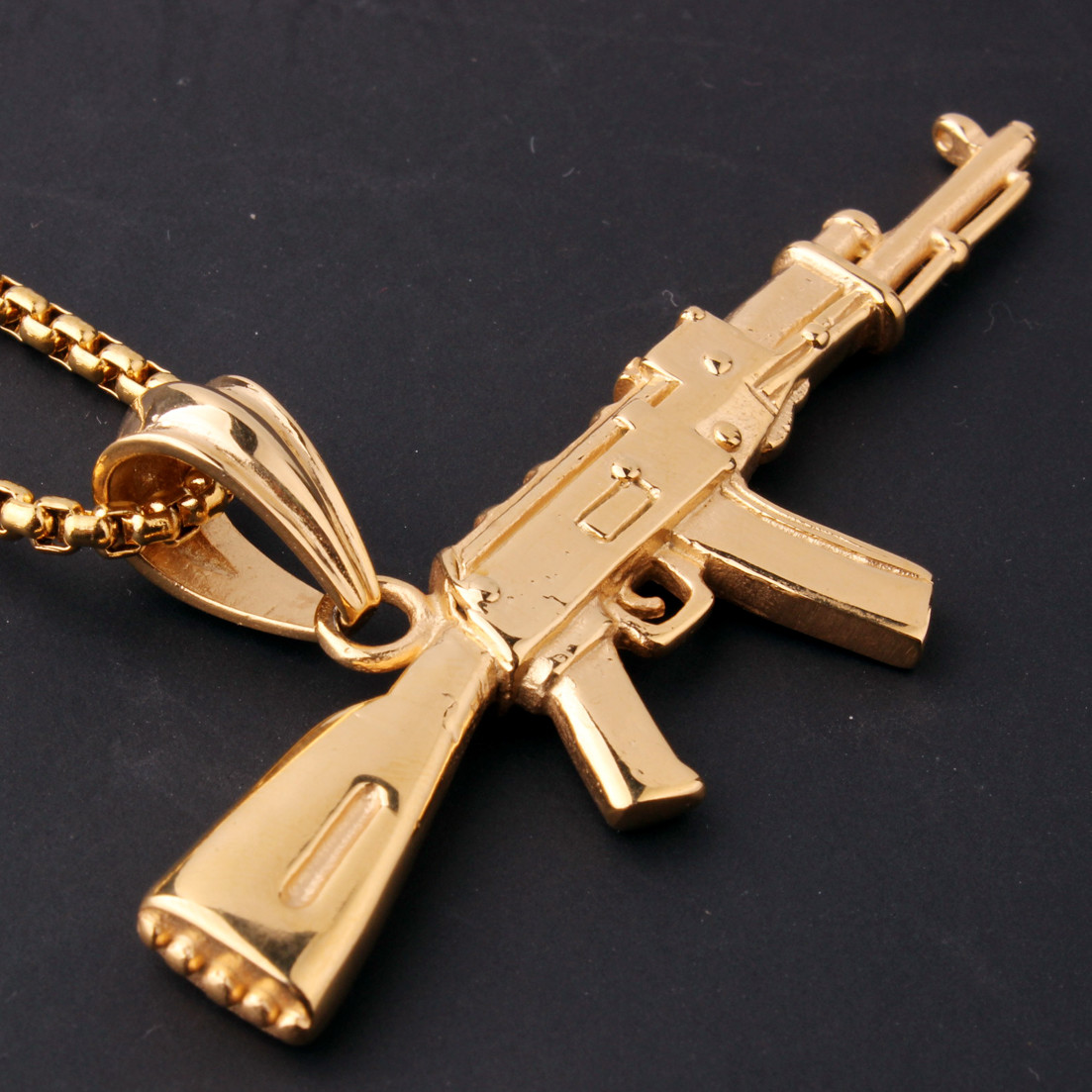 AK47 Assault Gun Rifle Pendant Chain Stainless Steel Gold Tone Men's ...