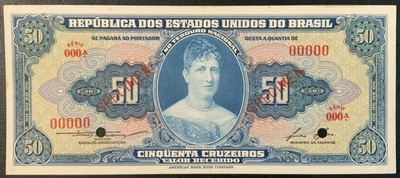 1956 BRAZIL PAPER MONEY - 50 CRUZEIROS SPECIMEN UNCIRCULATED BANKNOTE ...