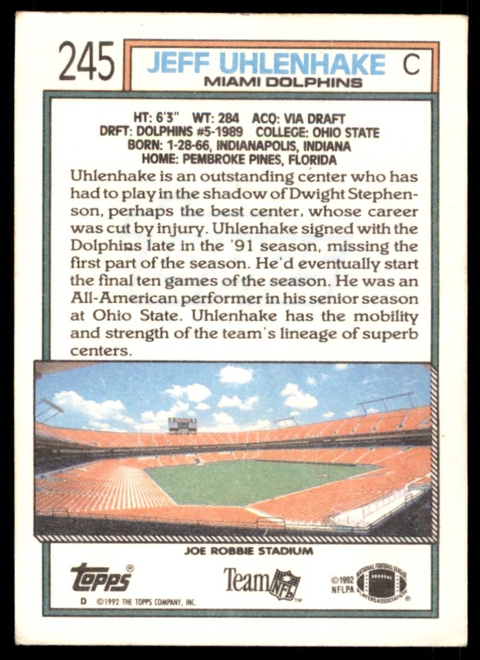 1992 Topps Jeff Uhlenhake Miami Dolphins #245 | eBay