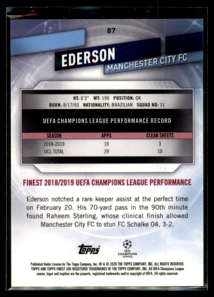 2019-20 Topps Finest UEFA Champions League PURPLE #87 Ederson #126/250 ...