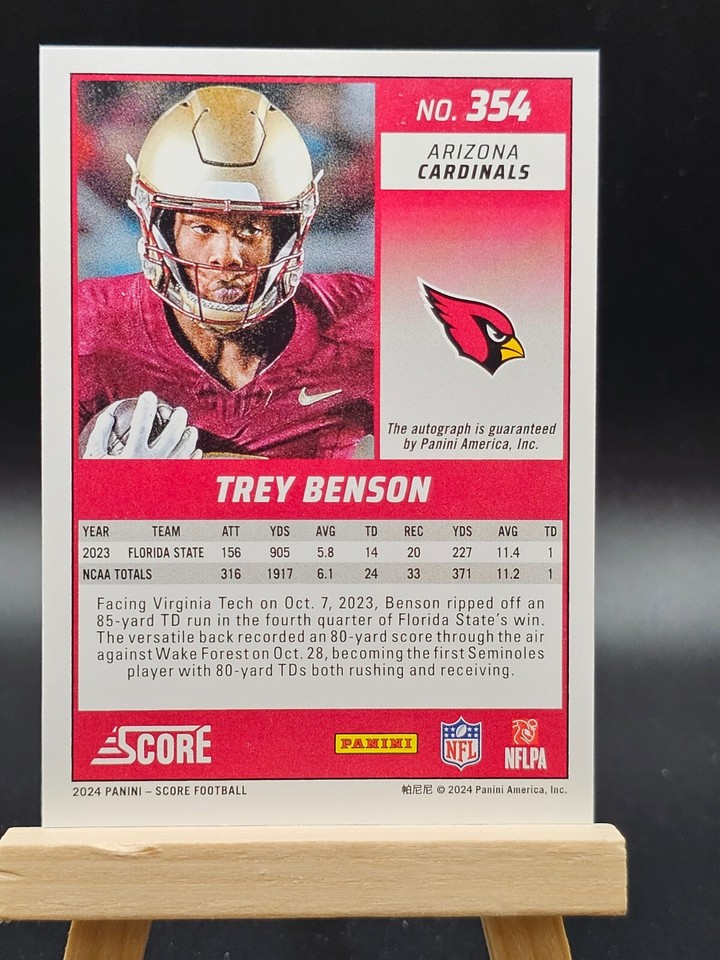 2024 Score Football Trey Benson RC Auto Arizona Cardinals Autograph ...