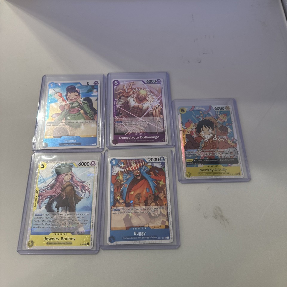 (5) cards one piece monkey d luffy, otama, jewelry bonnet, donq doll ...