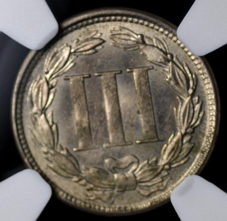 1865 THREE CENT NICKEL NGC MS 64 LUSTROUS SILVERY BRUSHED NICKEL, WELL ...