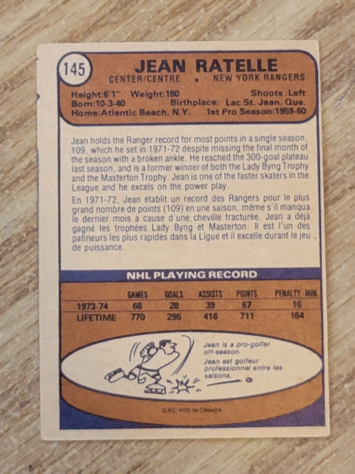 1X JEAN RATELLE 1974 75 O Pee Chee #145 VGEX opc NY New York Rangers | eBay