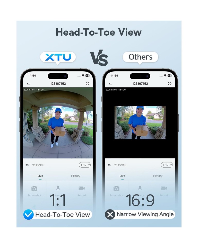 XTU Battery Doorbell, 180° Head-to-Toe Video, Live View with Two-Wa ...