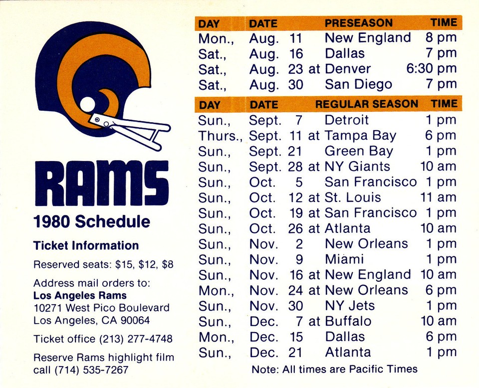 1980 LOS ANGELES RAMS FOOTBALL UNFOLDED POCKET SCHEDULE - TOYOTA | eBay