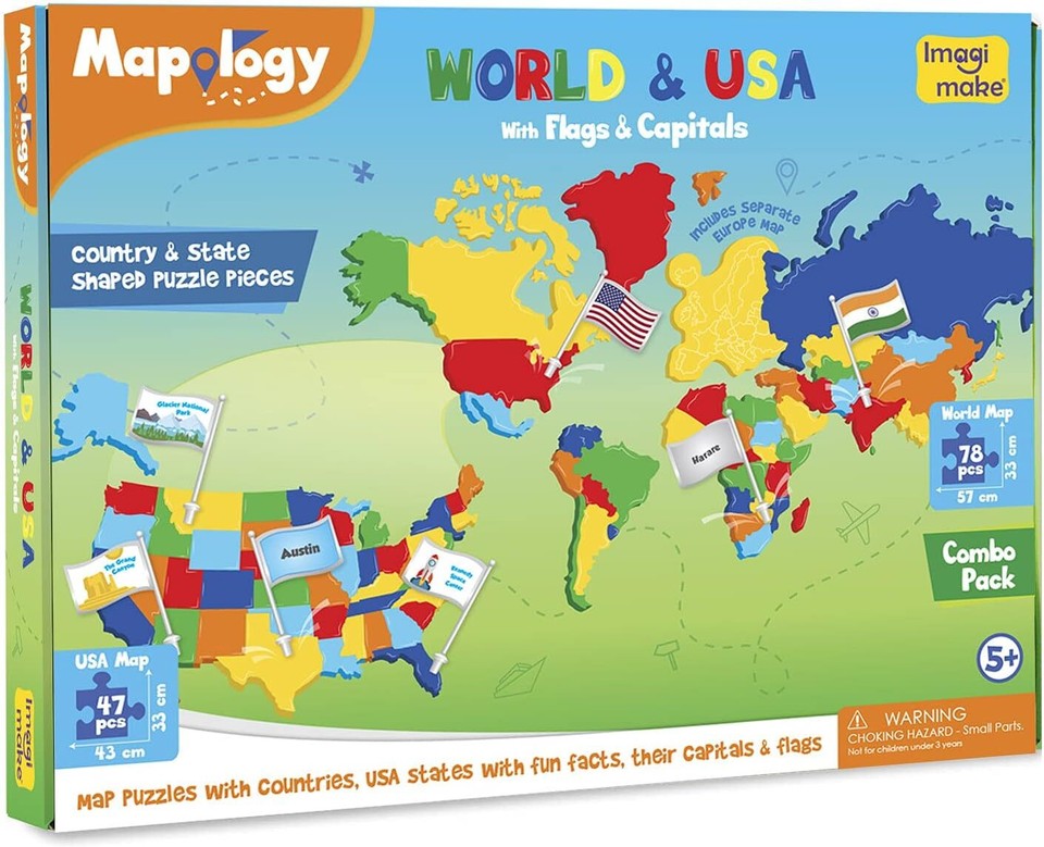 Imagimake Mapology USA & World Map Puzzle with Flags, Capitals ...