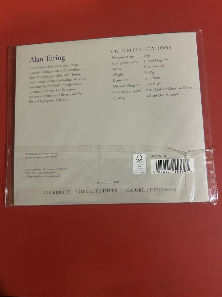 Royal Mint 2022 Alan Turing 50p Coin Pack Brilliant Uncirculated Fifty ...