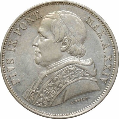 Papal States 5 lire 1870 R XXIV, AU, "Pope Pius IX (1846 - 1878 ...