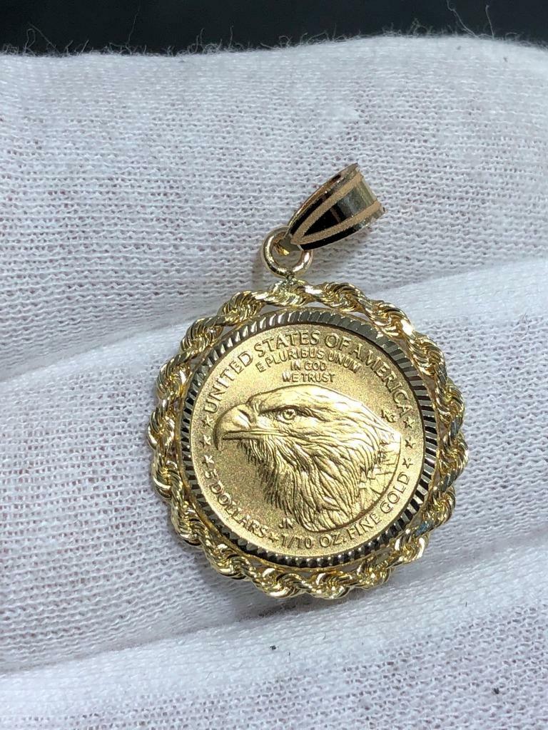24k Yellow Gold Eagle Standing Liberty 1/10 oz .999 Fine Gold Coin Rope ...