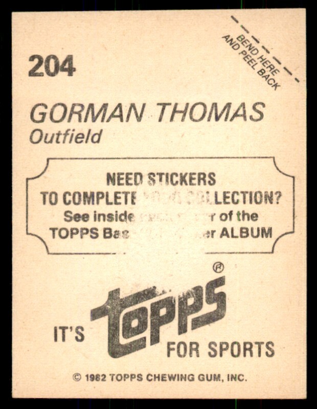 1982 Topps Stickers Gorman Thomas Milwaukee Brewers #204 MLB Baseball ...