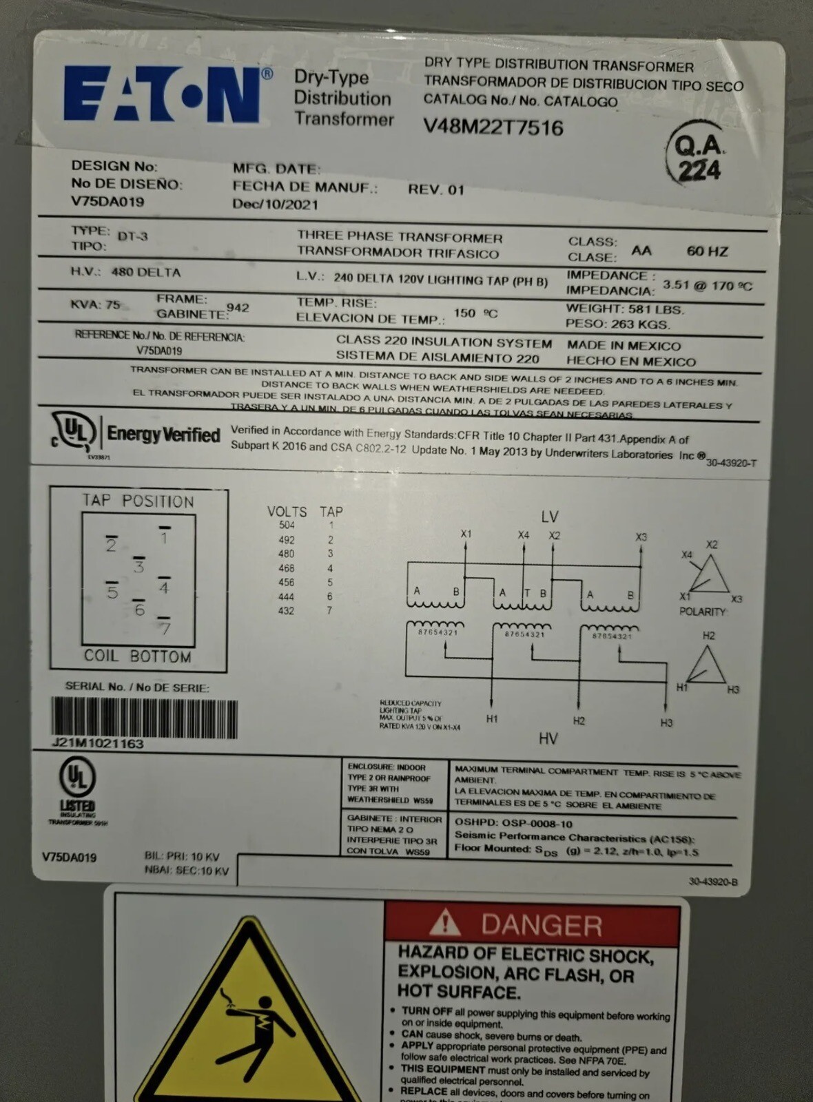 New Eaton V48M22T7516 Transformer 75 KVA 480-240/120 Delta Delta ...