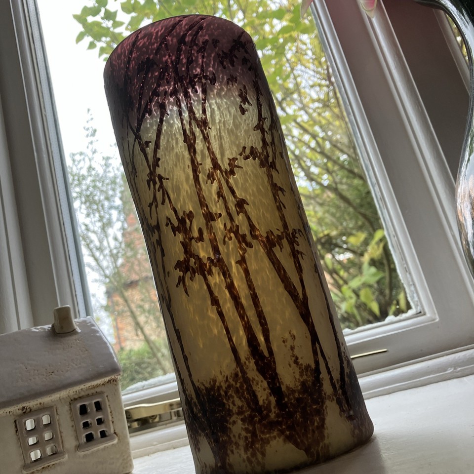 Tall Acid Etched Art Glass Vase Amethyst Hue Art Nouveau Émile Gallé ...