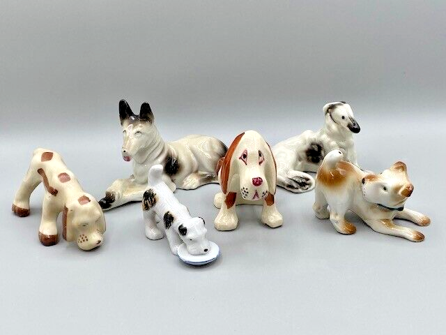 Vintage Lot Of 6 Small Ceramic Dog Figurines Variety Breeds Black/White ...