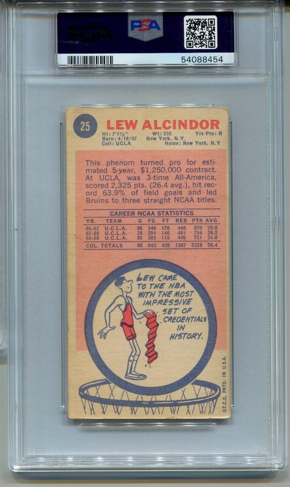 1969 Topps Basketball 25 Lew Alcindor Kareem Abdul-Jabbar Rookie Card ...