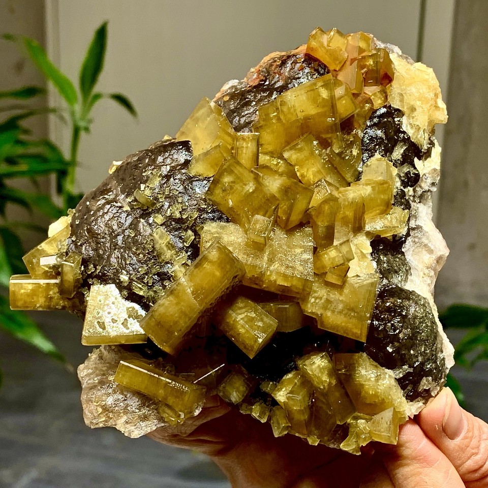 2LB Shiny Golden Cuboid Barite Crystal Based on the Purple Spherical ...