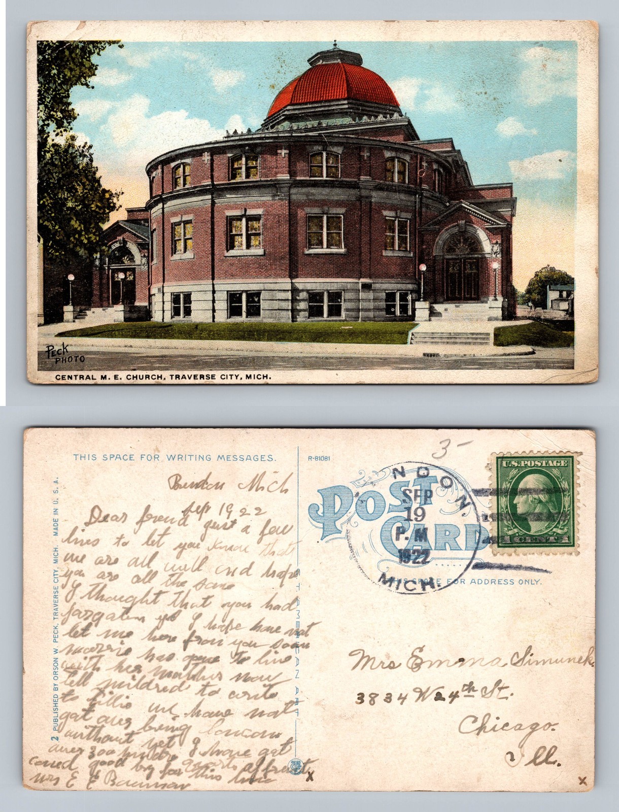 Traverse City, MI-Michigan, Central M.E. Church Scene c1922 PC Vintage ...