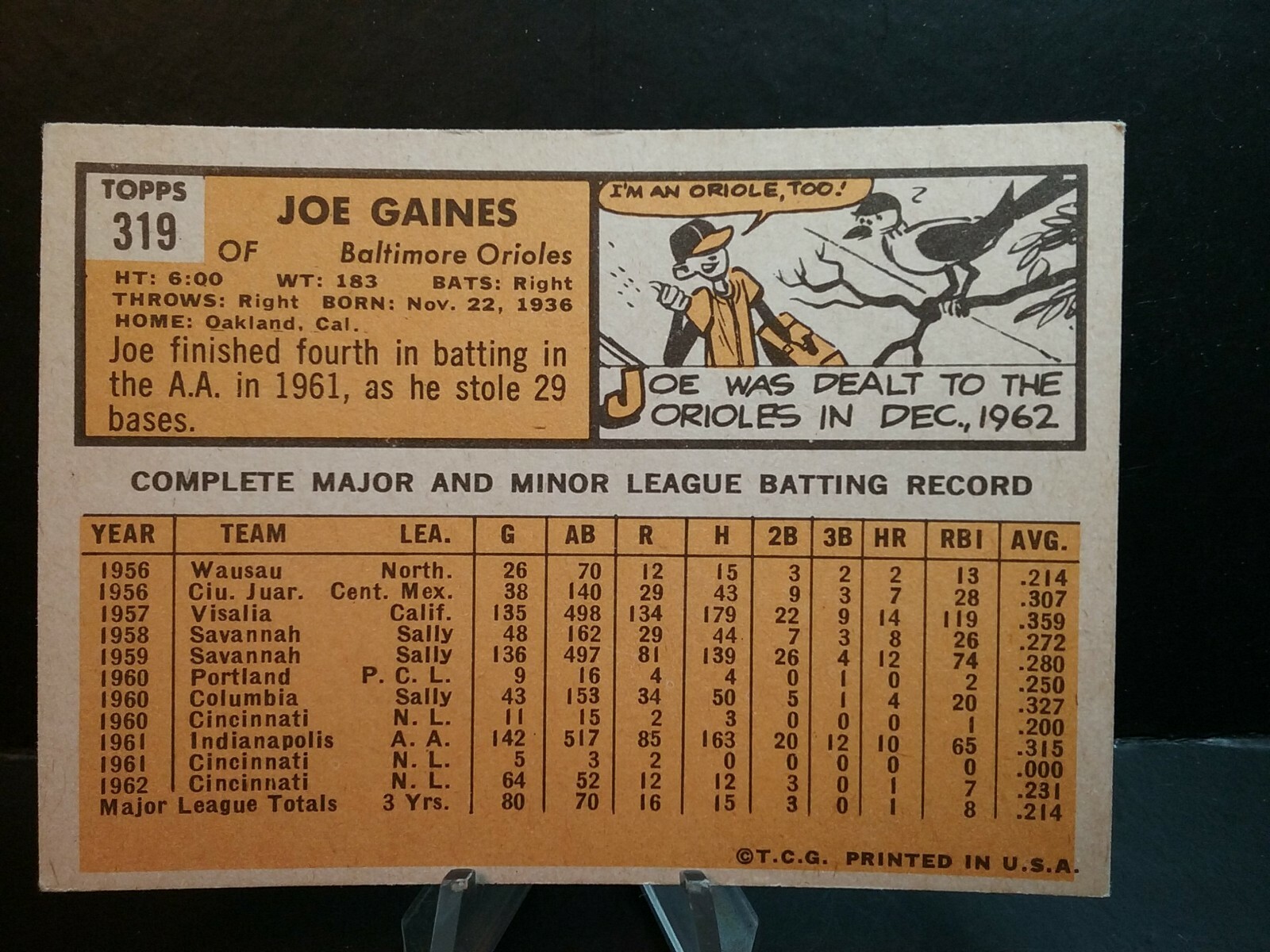 1963 Topps Baseball Card #319 Joe Gaines Baltimore Orioles EX-EXMINT | eBay