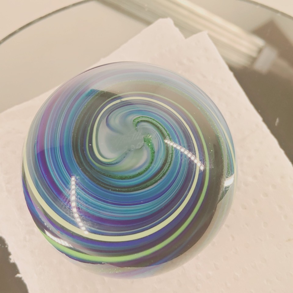Mark Matthews Glass Marble 1.625 Signed 2009 Blueberry Swirl Green ...