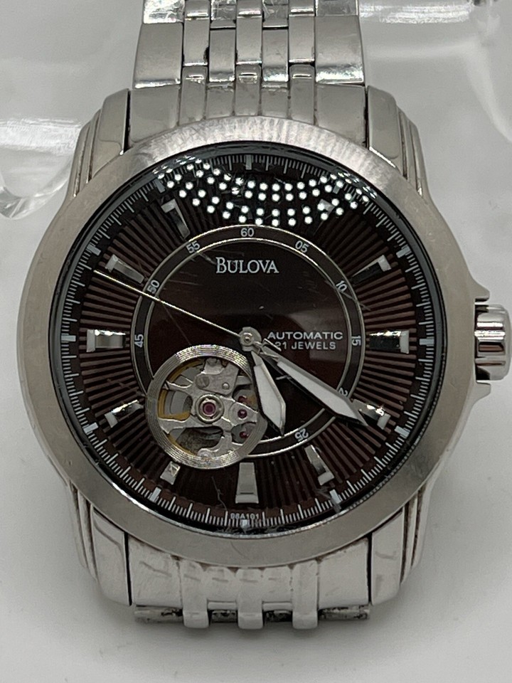 BULOVA 21 JEWELS STAINLESS OPEN HEART MECHANICAL AUTOMATIC BACK ...