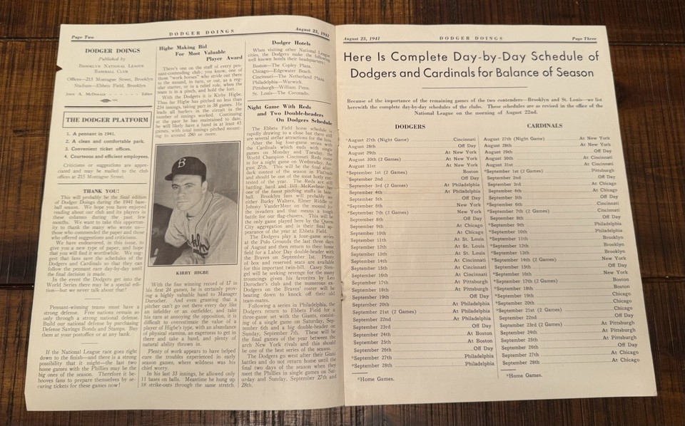 Scarce 1941 Brooklyn Dodgers DODGER DOINGS Baseball Newsletter Ebbets ...