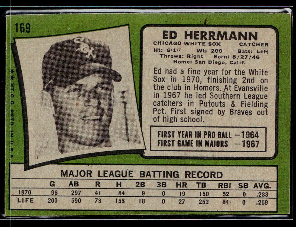 Ed Herrmann 1971 Topps #169 Chicago White Sox | eBay