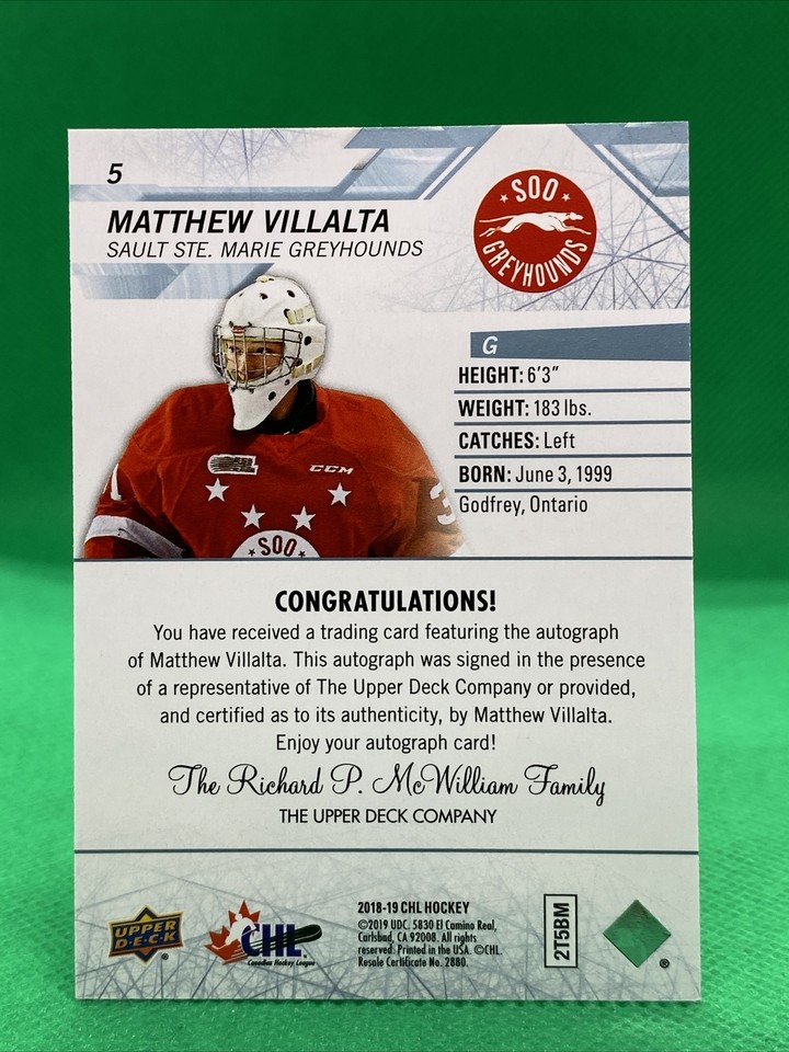 2018-19 Upper Deck CHL Autographs #5 Matthew Villalta AUTO | eBay