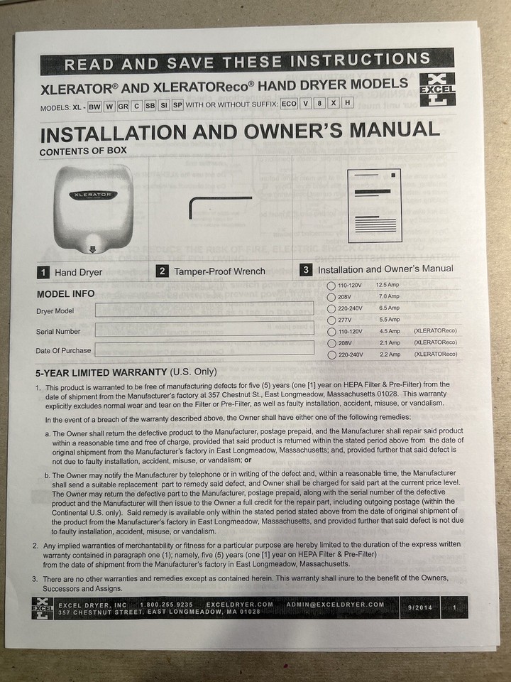 EXCEL XL-SBV XLERATOR HAND DRYER HV 208-277v BRAND NEW XL SB SBV SB8 ...