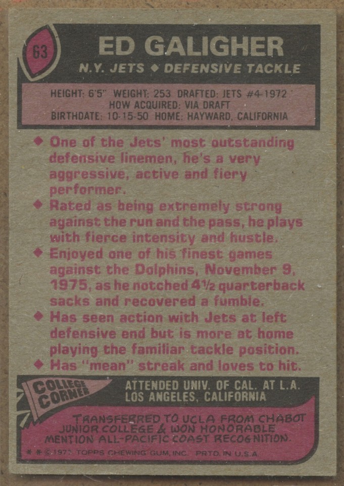 1977 Topps #63 Ed Galigher New York Jets | eBay