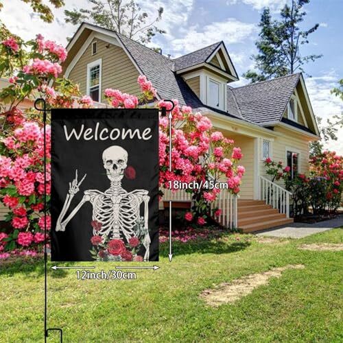 Welcome Skeleton Hallowen Flowers Rose Skull Garden Flag 12x18 Inch ...
