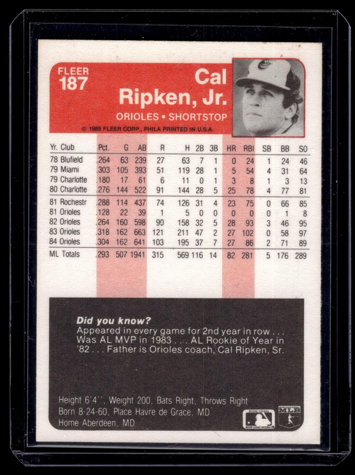 1985 Fleer Cal Ripken, Jr. #187 Baltimore Orioles | eBay