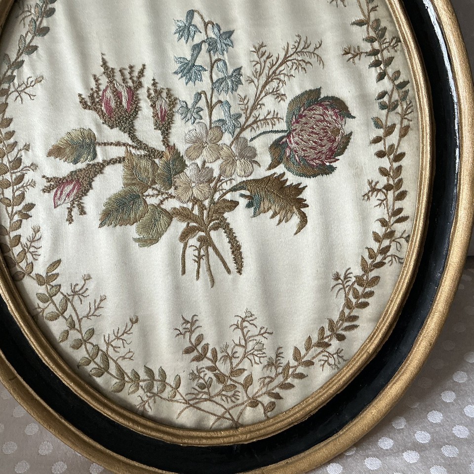 Antique Victorian French Silk Embroidery Needlework Flowers & Border ...