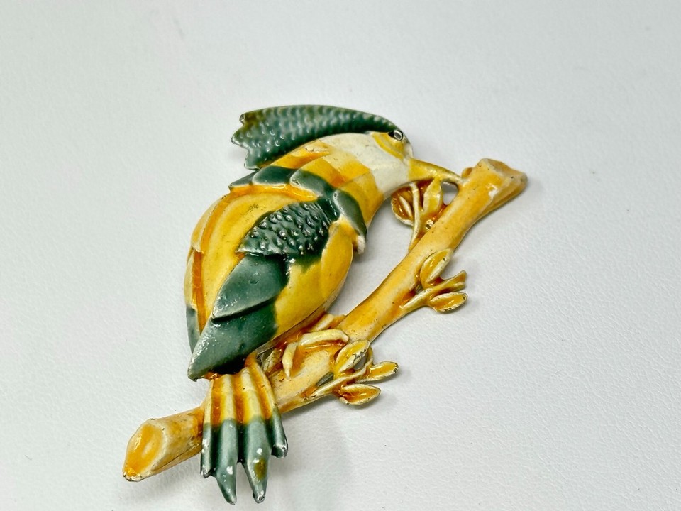 Vintage Yellow Green Enamel Woodpecker Bird on Branch Brooch Pin | eBay