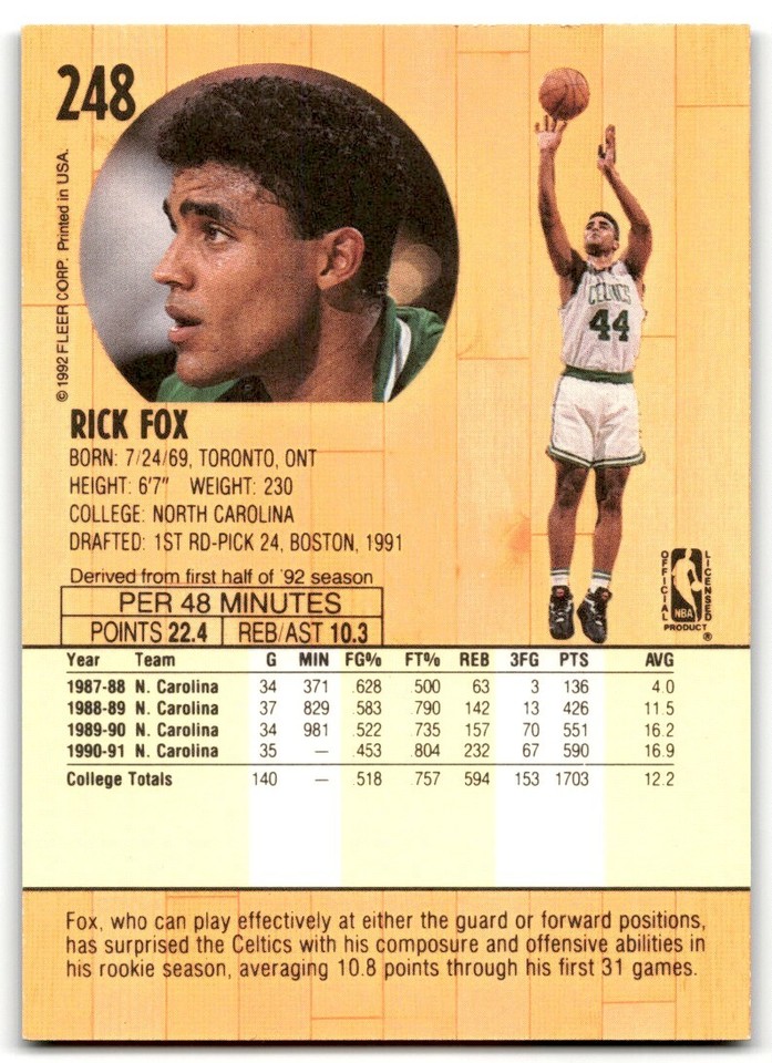 1991-92 Fleer Rick Fox Rookie Boston Celtics #248 | eBay
