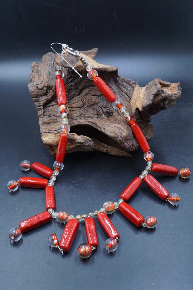 VTG Murano Venetian Red Tube Art Glass & Wedding Cake Bead Necklace 19 ...