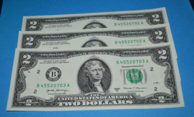 3 NEW 2017A Uncirculated Consecutive Serial Numbered Two Dollar Bill $2 ...