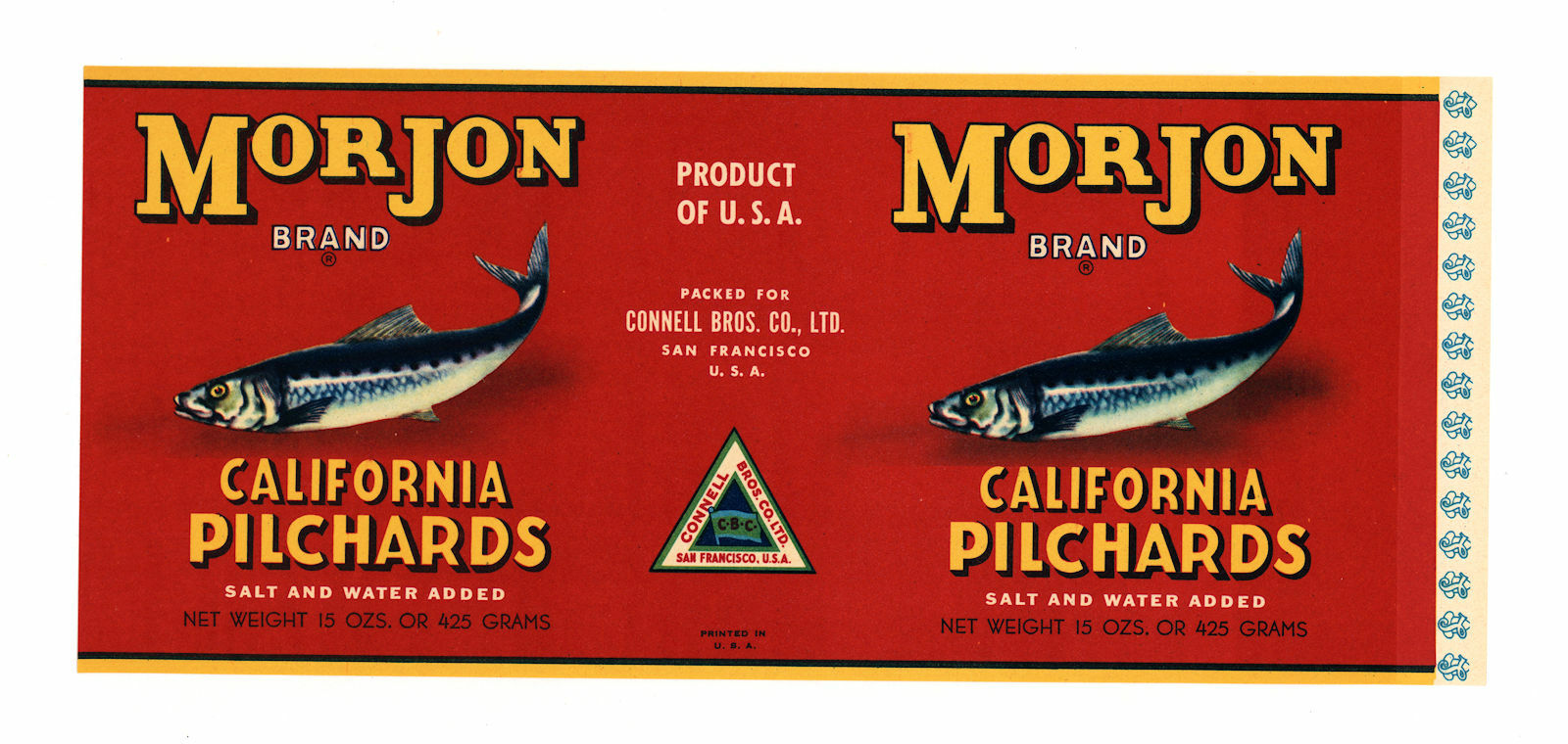 Vintage MORJON California Pilchards Connell Bros ORIGINAL Can Label ...