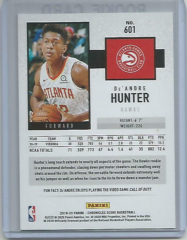 DeANDRE HUNTER RC 2019-20 CHRONICLES SCORE ROOKIE 6/10 /10 SSP ATLANTA ...