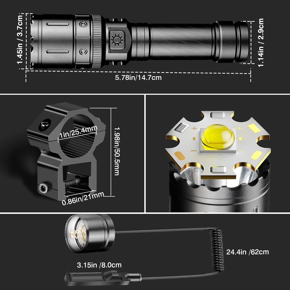 Rechargeable 900000LM LED Gun Flashlight Rail Mount+Switch for Hunting ...